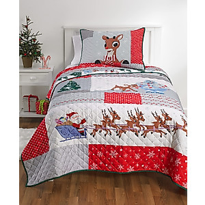 Franco Rudolph The Red Nose Reindeer Holiday Bedding Super Soft Pillow Sham and Quilt Set, Full/Queen Size 88" x 92", (100% Officially Licensed Product)