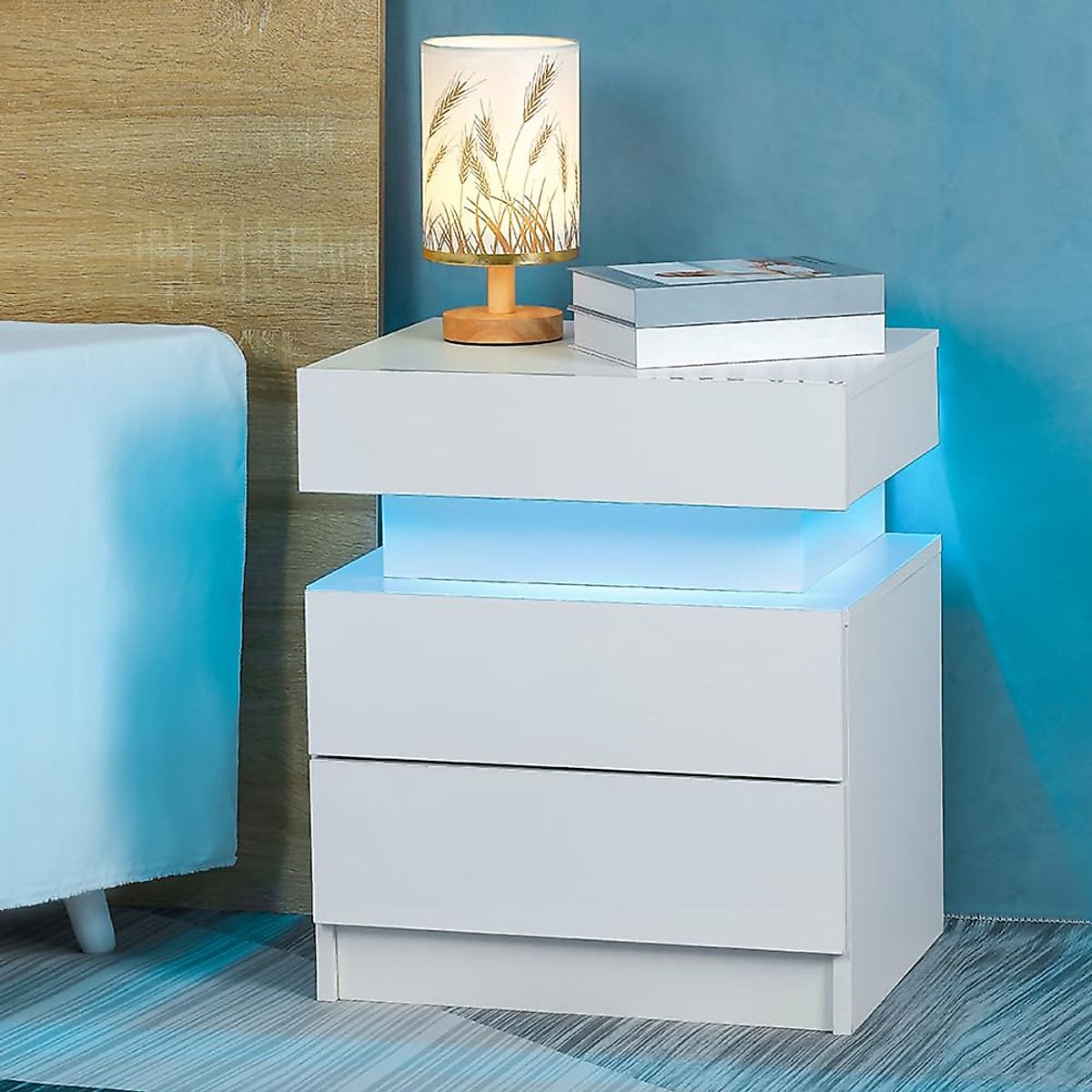 CuisinSmart Led Nightstand, Bedside Table Cabinet with Lights High Gloss End Side with 2 Drawers, White Smart Nightstand Flip-Top Hidden Storage Space for Bedroom White As Shown