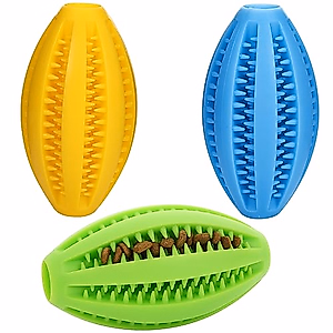 LKSTK 3 Pack Dog Toy Balls, 4.33” Interactive Rugby Dog Toys, Durable Dog Puzzle Rubber Ball Teeth Cleaning Dispensing Toy Nontoxic Bite Resistant Toy Ball for Small Medium Large Dogs