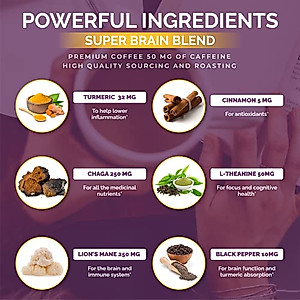 Grateful Earth Mushroom Coffee Instant - Immune Support- Super Brain Blend- Turmeric, Cinnamon, Lion’s Mane, Chaga, L-Theanine, Black Pepper- Dairy Free- 20 Ct