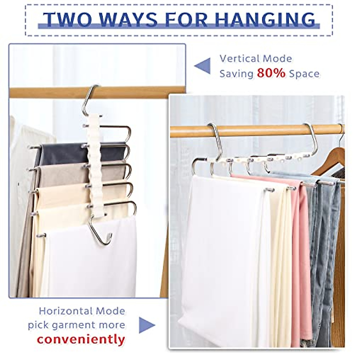 Pants Hangers Space Saving, 2 Pack Non-Slip Pants Rack Hanger Organizer for Closet, Stainless Steel Multiple Layers Multifunctional Pants Organizer for Clothes, Pants, Jeans, Scarf, Trousers