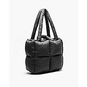 Women Padded Shoulder Bag Luxury Check Tote Bag Soft Pillow Handbag Quilted Puffy High Capacity Underarm (black)