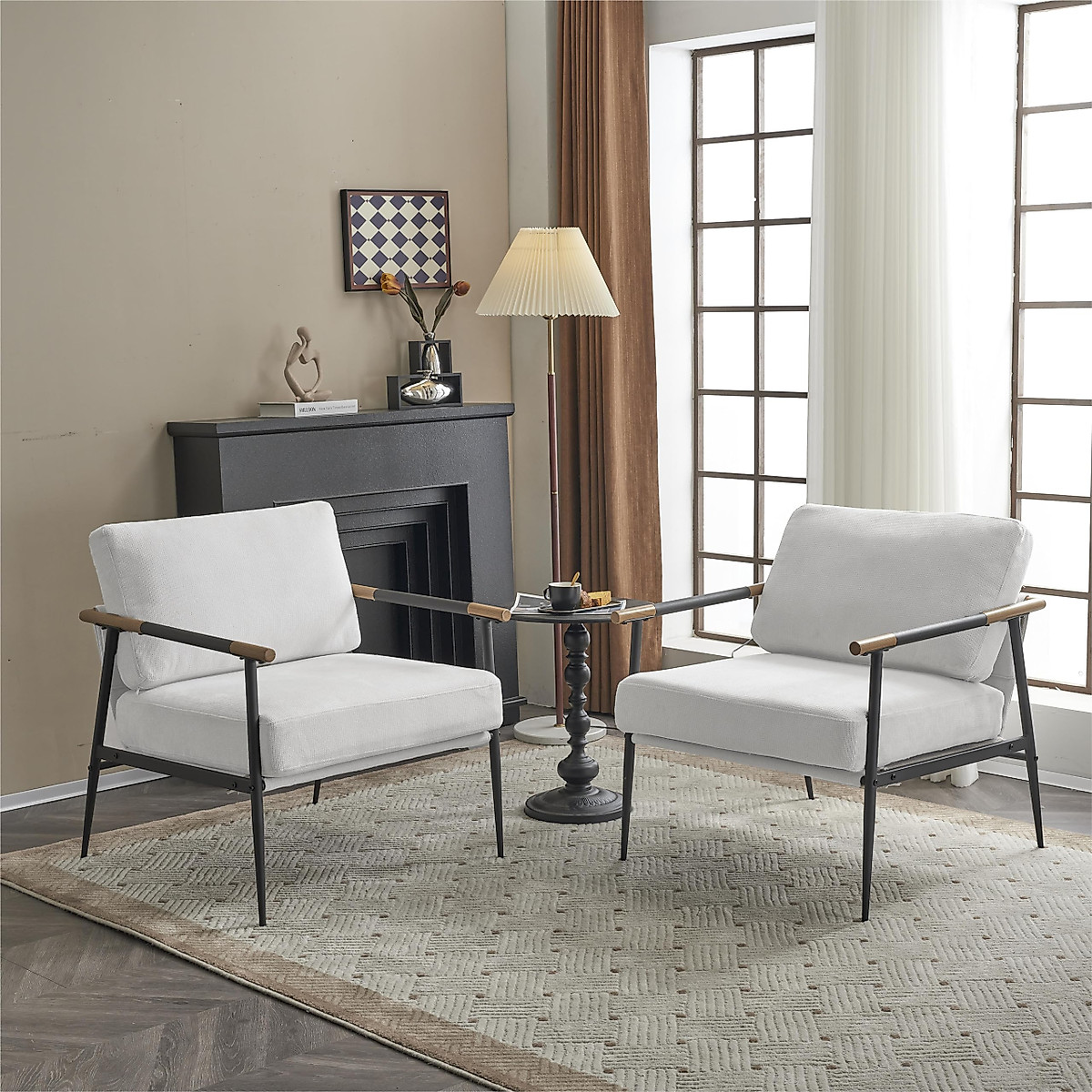 Penifun Modern Chic Accent Metal Frame, Upholstered Chenille Living Room Chairs with Removable Seat & Back Cushion, Comfy Leisure Lounge Reading Side Armchair for Bedroom, White