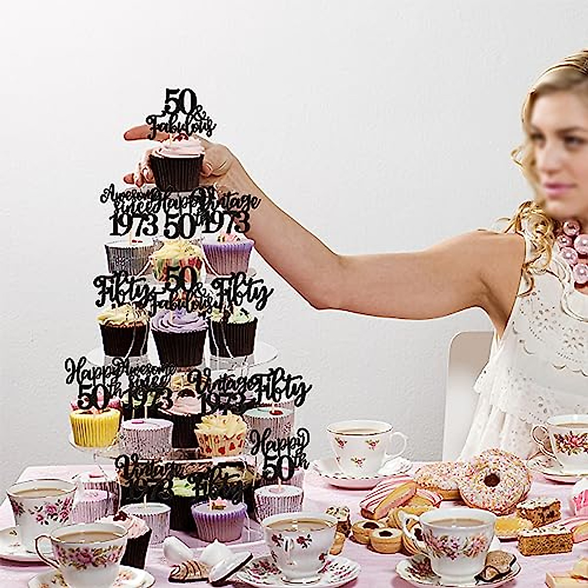 30 PCS Vintage 1973 Cupcake Toppers Glitter Fifty Awesome Since 1973 Happy 50th Birthday Cupcake Picks 50 Fabulous Cake Decorations for Cheers to 50th Birthday Anniversary Party Supplies Black