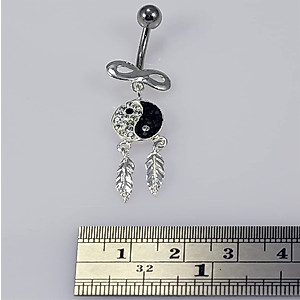 Black Multi Crystal Gemstone Stylish Infinity with Yin Yang and Dream Catcher Dangling 925 Sterling Silver Belly Ring Body Jewelry