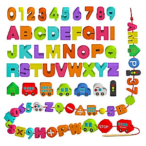 yowings Wooden Lacing Beads, Alphabet Number Stringing Beads Large Lacing Bead Animals Stringing Toy Montessori Toddler Preschool Toys for Toddlers Kid Birthday Gifts