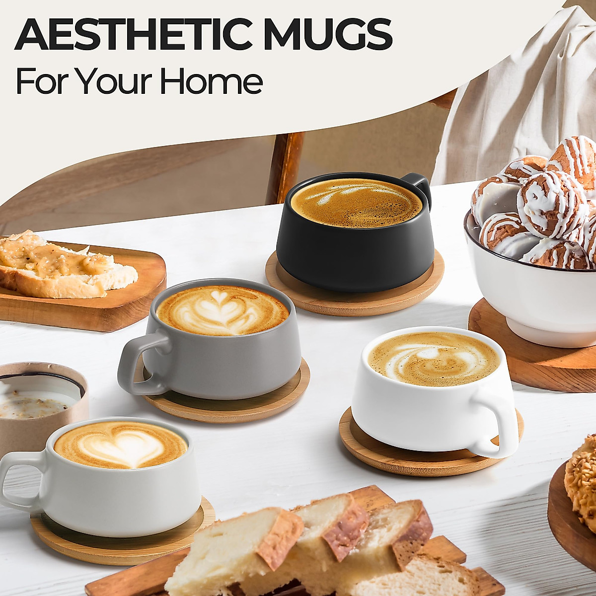 MIAMIO – 11 Oz., Set of 4 Ceramic Tea Cup and Saucer Bamboo/Tea Mug - Wide Cappuccino Cup, Coffee Cups Ceramic Mug for Cappuccino, Latte, Espresso & Americano - Luxe Collection (Classic Pastel)