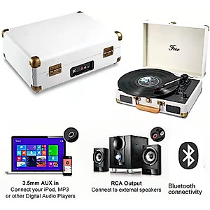 Vinyl Record Player Bluetooth with Speakers 3 Speed Portable Turntable Suitcase Built in 2 Speakers RCA Line Out AUX Headphone Jack PC Recorder-White