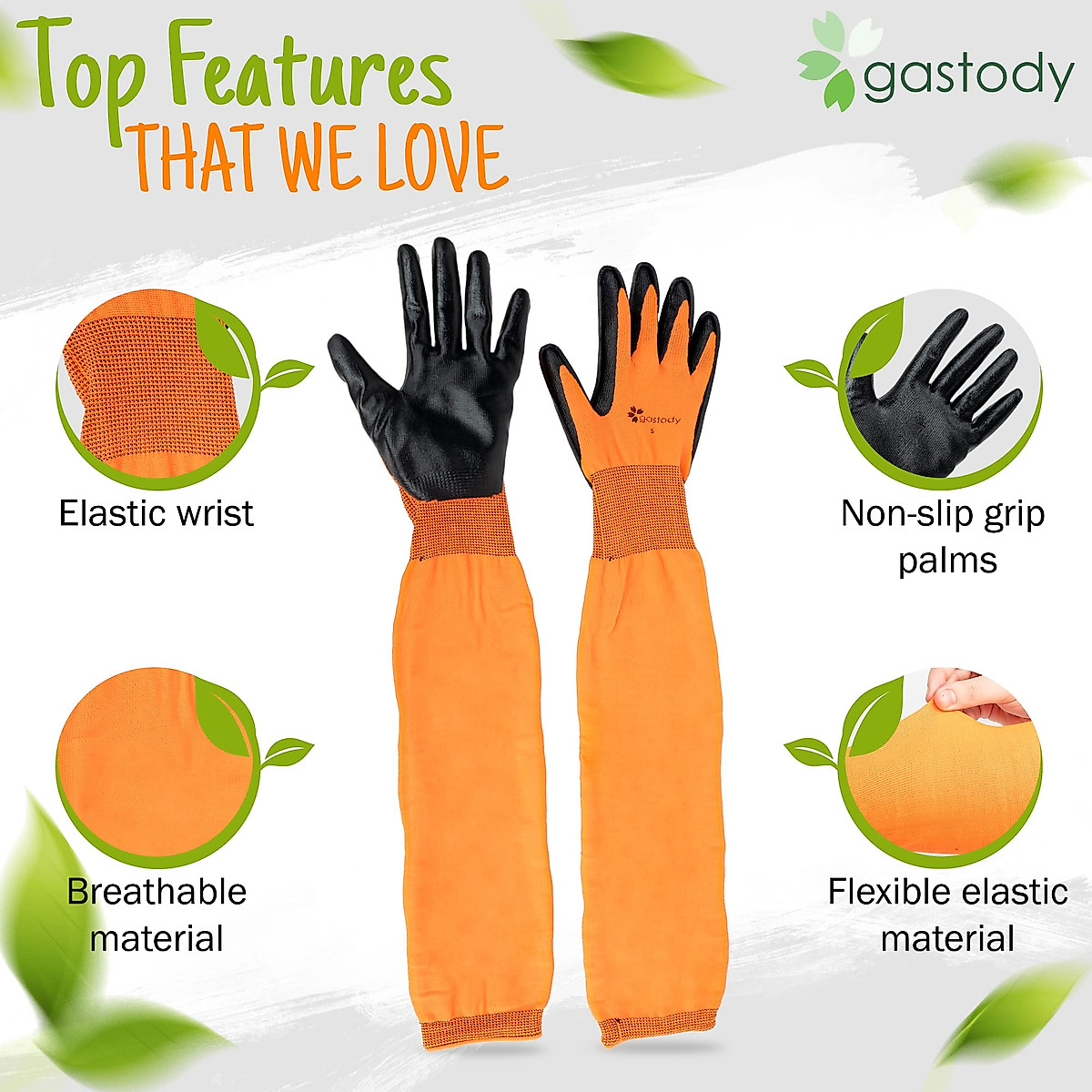 Gastody™ Long Sleeve Gardening Gloves Women and Men - Long Cuff Garden Gloves, Multipurpose Heavy Duty Outdoor and Indoor (Black and Orange, Large)