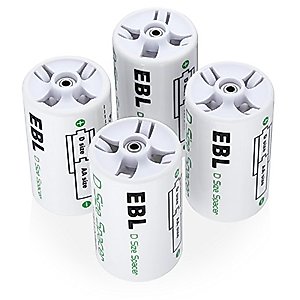 EBL D Size Battery Adapters, AA to D Size Battery Spacer Converter Case Use with Rechargeable AA Battery Cells - 4 Pack