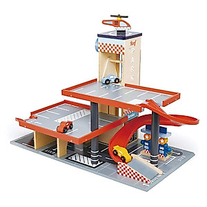 Tender Leaf Toys - Blue Bird Service Station - Classic Wooden Garage and Service Station for Cars and Helicopter with Ramps, Petrol Pumps and Car Wash Center - Imaginary and Roleplay for Children 3+