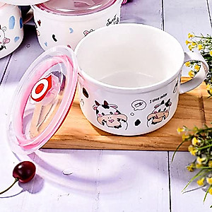 Ceramic Bowl with Lid and Handle,Cute Cows Design,Microwave for Instant Noodle Sara, Cereal Bowl (Black Milk)