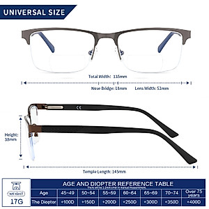 Kafirlo Bifocal Reading Glasses Men Progressive Blue Light Blocking Computer Reader No Line Half Frame Metal Wide Eyeglasses Designer Cheaters Transition Square Stylish Fashion Eyewear +2.00