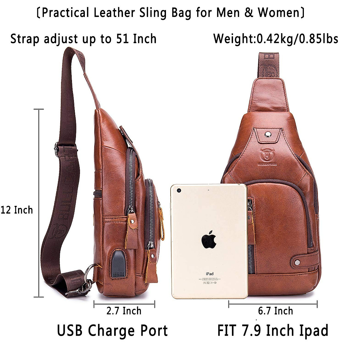 BULLCAPTAIN Leather Sling Bag Mens Chest Bag Casual Shoulder Crossbody Bags Travel Hiking Backpacks Daypack with USB Charging Port (Brown)
