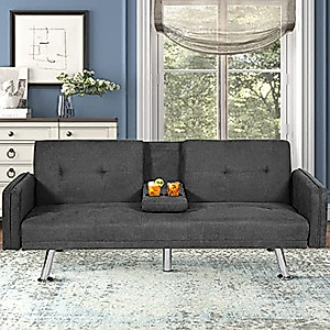 AWQM Futon Sofa Bed,Modern Upholstered Convertible Folding Sleeper Sofa,Recliner Futon Couch Bed with Armrests 2 Cup Holders,for Living Room,Apartment,72.4" L x 18.5" D x 29.9" H,Dark Grey