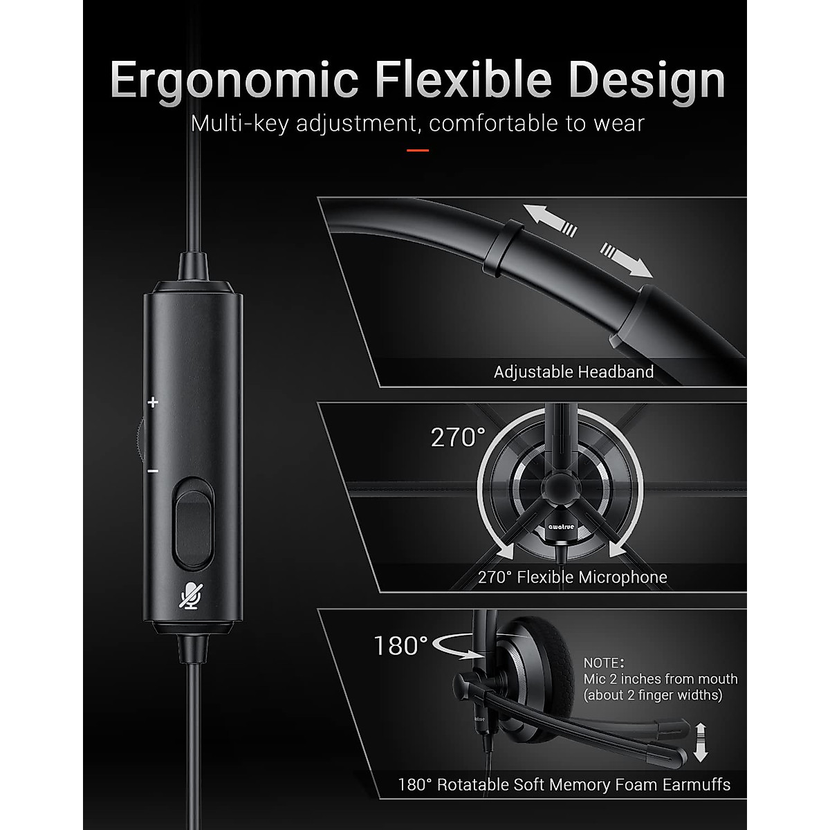 awatrue Wired Headset with Microphone for PC Laptop - 3.5mm Jack On Ear Headphones with Noise Cancelling Microphone for Boom Skype Webinars, in-line Control,Comfortable