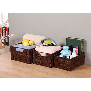 Elevon Handmade Storage Basket Set of 3, Plastic Wicker Baskets for Organizing with Handles, Storage Bins for Home Kitchen Countertop, Shelf Organizer, Waterproof, Coffee