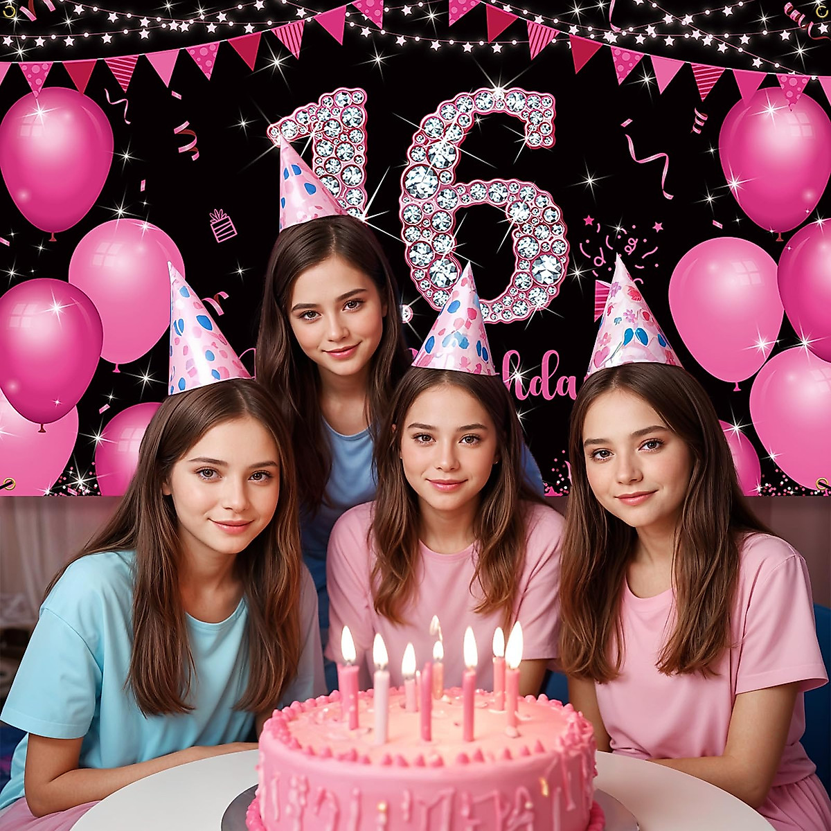 Sweet 16 Birthday Banner Hot Pink, Happy 16th Birthday Decorations for Girls, Sweet Sixteen Party Decorations, 16 Year Old Birthday Photo Props Yard Sign Decor Supplies, Fabric Vicycaty