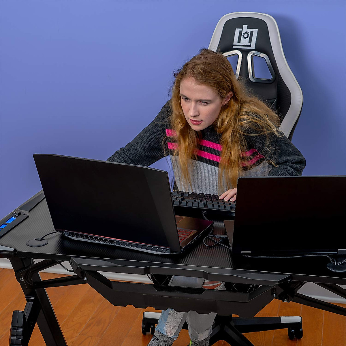 Deco Gear Ultrawide Curved LED Computer Gaming/Office Desk, Waterproof Carbon-Fiber Surface, Supports up to 175-lbs., 6-Color RGB Lighting Accents, Cable Management, Cup Holder, 31.5" Mouse Pad