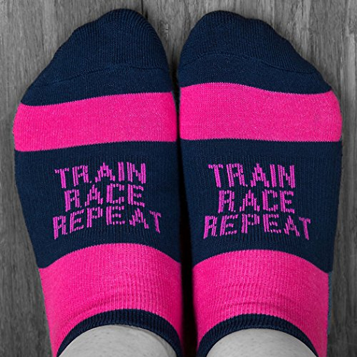 Gone For a Run Inspirational Athletic Running Socks | Women's Woven Low Cut | Inspirational Slogans | Over 25 Styles (Train Race Repeat (Pink/Navy))