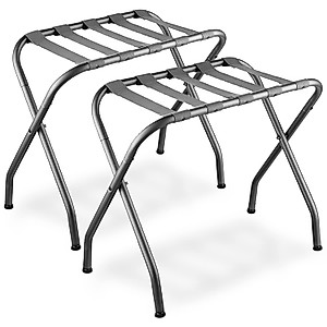 Bartnelli 2-Pack Folding Luggage Rack Collapsible Metal Suitcase Stand with Durable Black Nylon Straps- for Bedroom, Guest Room, or Hotel (Gray Steel)