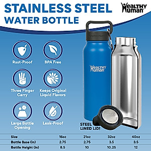 Healthy Human Stainless Steel Water Bottle | Double Walled Vacuum Insulated Water Thermos for Adults | Eco-Friendly Travel Bottles with Leak Proof Lid (Navy Blue, 21 oz/ 621 ML)