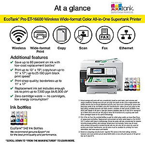 Epson EcoTank Pro ET-16600 Wireless Wide-format Color All-in-One Supertank Printer with Scanner, Copier, Fax and Ethernet. Full 1-Year Limited Warranty (Renewed Premium),White