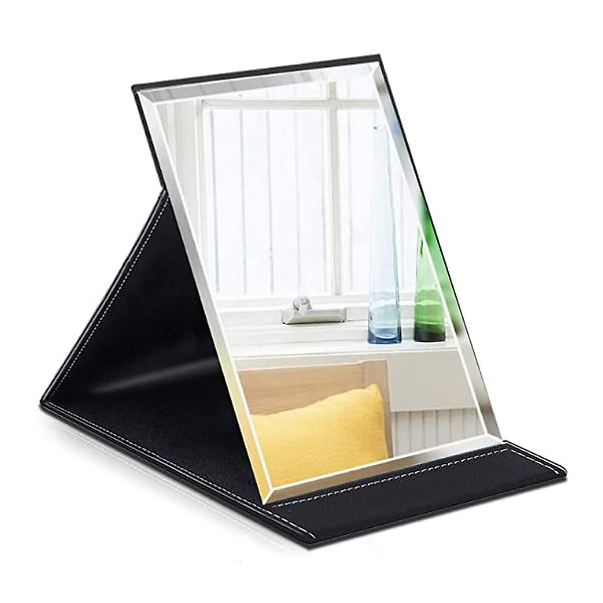 NAYSAYE Folding Travel Makeup Mirror, PU Portable Compact Vanity Desk Mirror with Stand, Large (8.5L x 6W)