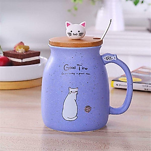 F FINEC 15oz Cute Cat Ceramic Mug, 450ml Milk Coffee Tea Cup With Spoon And Three-dimensional kitty Wood Lid, Heat-Resistant Cartoon Kitten Mugs For Children Office Lovers Gifts