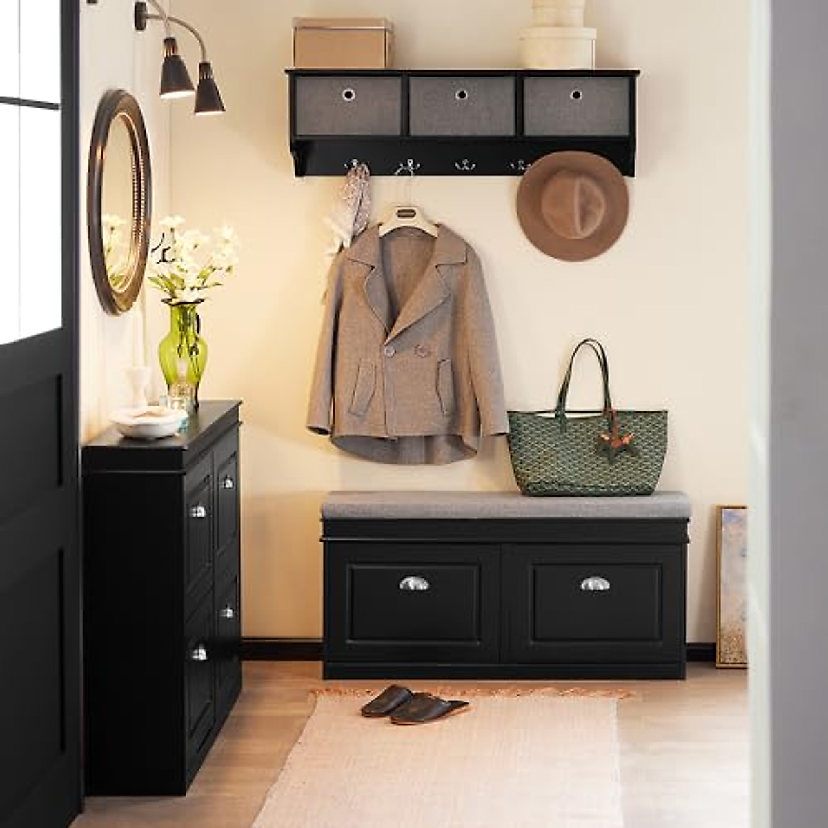 SoBuy Black Storage Shoe Bench with 2 Flip Drawers, Hidden Shoe Bench, Free Standing Shoe Rack, Shoe Cabinet, Hallway Storage Bench with Seat Cushion FSR64-SCH