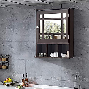 DORTALA Bathroom Wall Storage Cabinet, Mirror Cabinet Organizer, Wooden Hanging Medicine Cabinet Organizer w/Adjustable Shelf & 3 Open Compartments, Brown