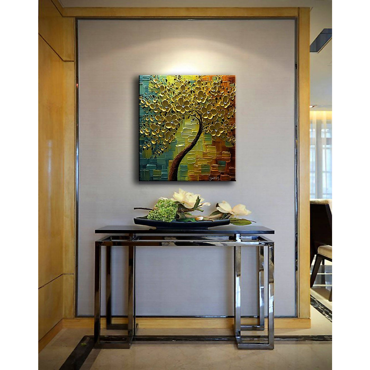 YaSheng Art - 3D Oil Paintings On Canvas Golden Flowers Tree Paintings Abstract Artwork Wall Art For living Room,Dinning Room Home Decor Framed Stretched Ready to Hang 24x24inch