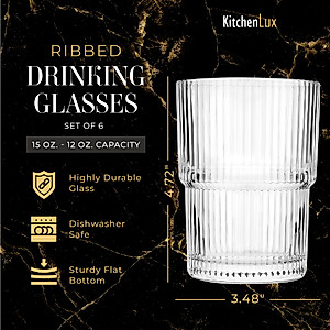 Kitchen Lux Ribbed Drinking Glasses - Ribbed Glass Cups 15 oz - Ribbed Glassware Set of 6 - Textured Vintage Retro Ripple Aesthetic Glass Ware for Whiskey Cocktail Beer Water, Coffee Bar Accessories