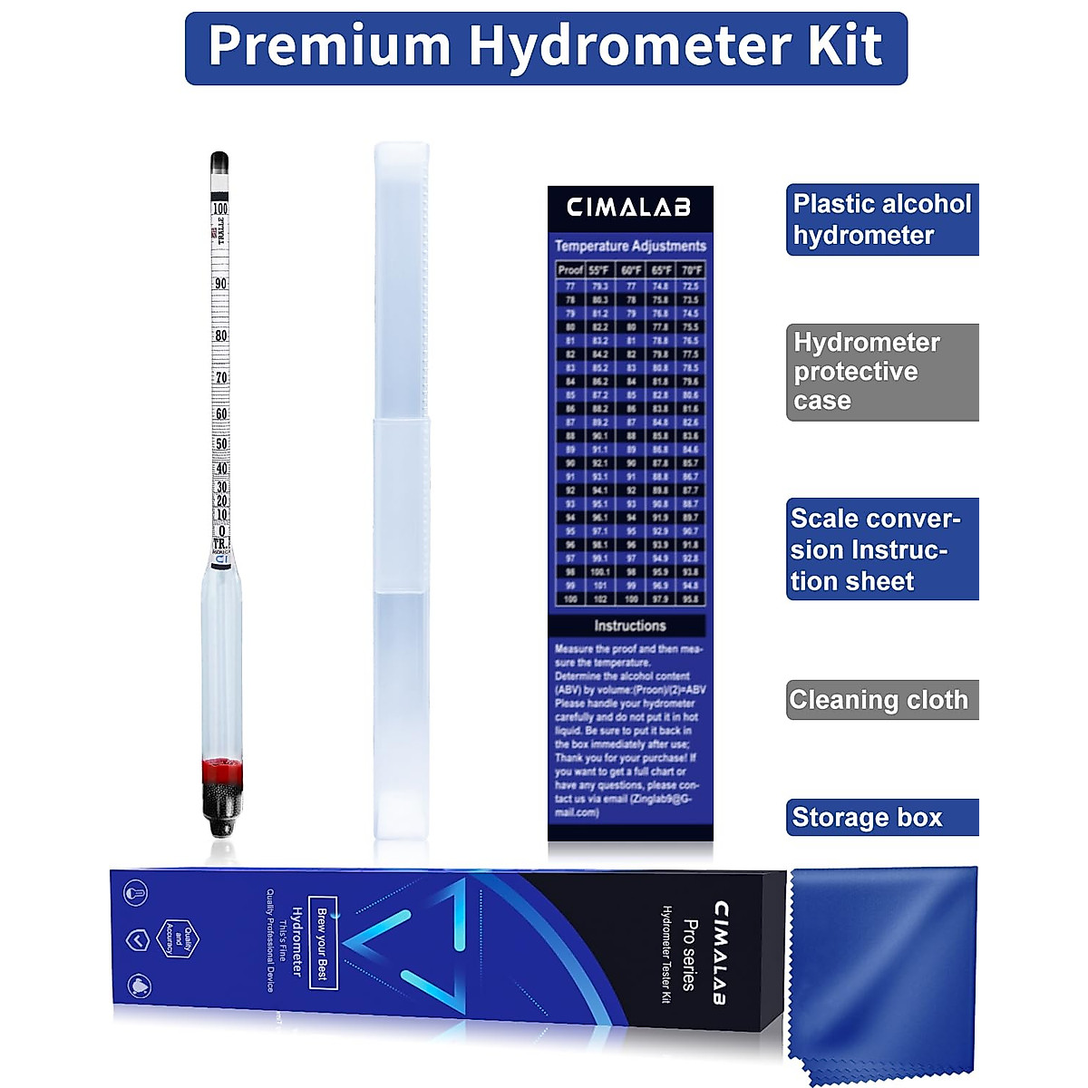 Cimalab Hydrometer Alcohol Meter, Hydrometer Alcohol 0-200 Proof and Tralle Alcohol Hydrometer, Alcohol Proof Tester Hydrometer, Alcohol Tester for Liquor/Moonshine/Spirits/Proofing/Distilled