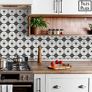 Peel and Stick Encaustic Backsplash Tile. Black Star Patterned Stick on Tile. Self-Adhesive Wall Tile Sticker for Kitchen Bathroom Fireplace Stairs. 10 Sheets