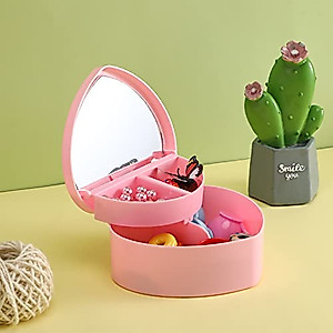 Cabilock Romantic Jewelry Box for Children's day Gift :Plastic Pink Jewelry Storage Organizer with Heart Make Up Mirror Jewelry Display Case for Earrings Rings Bracelets Gift for Girls Women