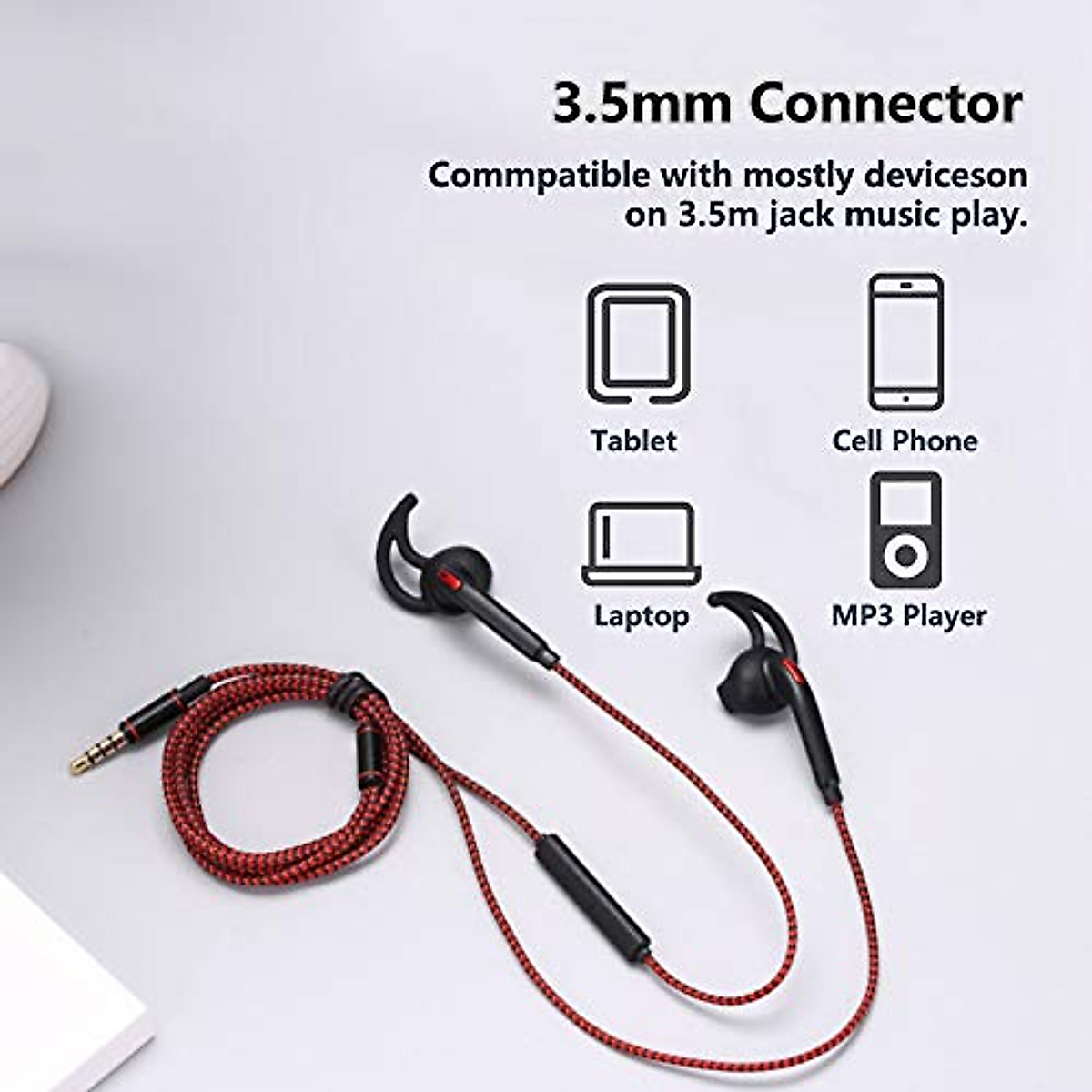 Sports Earbuds Wired, in Ear Running Headphones with Microphone, Sweatproof Winged Earphones for Workout Exercise Gym, Braid Heaphones Compatible with Cell Phones Mp3 Tablet Laptop 3.5mm