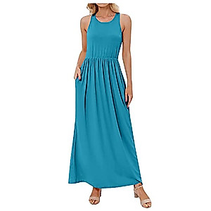 Flowy Dresses for Women, Country Dress Vestido De Navidad para Mujer Summer Long Dress Women Casual Women's Dress Loose Solid Color Sleeveless Vest Dress Dresses Wedding Guest (M, Light Blue)