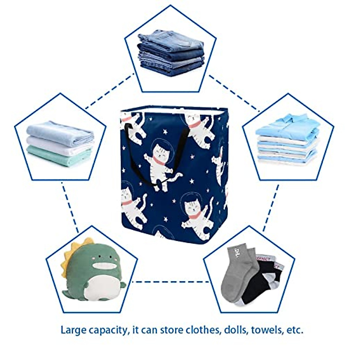 Fly in Space Cat Stars Print Collapsible Laundry Hamper, 60L Waterproof Laundry Baskets Washing Bin Clothes Toys Storage for Dorm Bathroom Bedroom