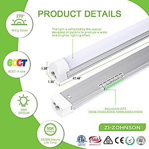 Zi-ZOHNSON 6 Pack 6CCT Tunable 4FT led Shop Lights for Workshop, 30W T8 Tube Light with 6CCT, 3000K/3500K/4000K/5000K/6000K/6500K Selectable, 130LM/W Milky Cover Linkable Shop Lights for Workshop