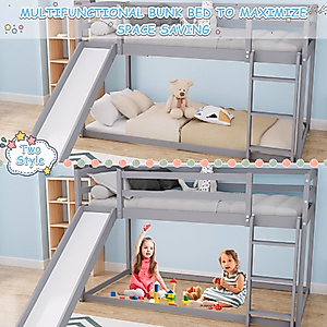DreamBuck Twin Over Twin Bunk Bed with Convertible Slide and Ladder, Wooden Low Bunk Bed for Kids Teens with Safety Guardrails, Floor Bunk Bed for Boys Girls, Space Saving & Easy Assembly, Grey