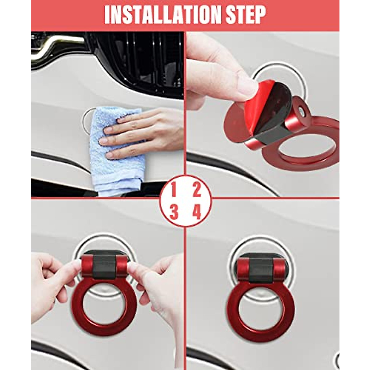 ESEWALAS Car Tow Hook Car Sticker,Tow Hook Kit Car Decorations Sticker,Ring Track Racing Style Decorative Trailer Tow Hook,Bumper Trailer Sticker (ONLY Decoration) (Red)