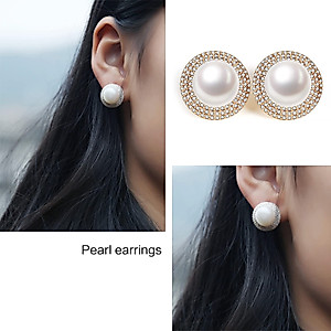 Guptue S925 Silver needles Pearl button stud earrings cultured freshwater pearl Cubic zirconia stud Earrings Birthday Gifts Women's Stud Earrings,Round 10-11mm pearl earrings (White)