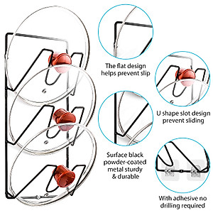 EXAIEW 2 Pack Pot Lid Organizer Rack, 6-Tier Pot Lids Holder for Cabinet Wall/Door Mount, No Drilling Adhesive Door/Wall Mounted Pots And Pans Organizer For Kitchen Storage, Classic Black