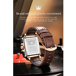 OLEVS Square Watches for Men Brown Leather Chronograph Fashion Business Watch Luminous Waterproof Casual Wrist Watches