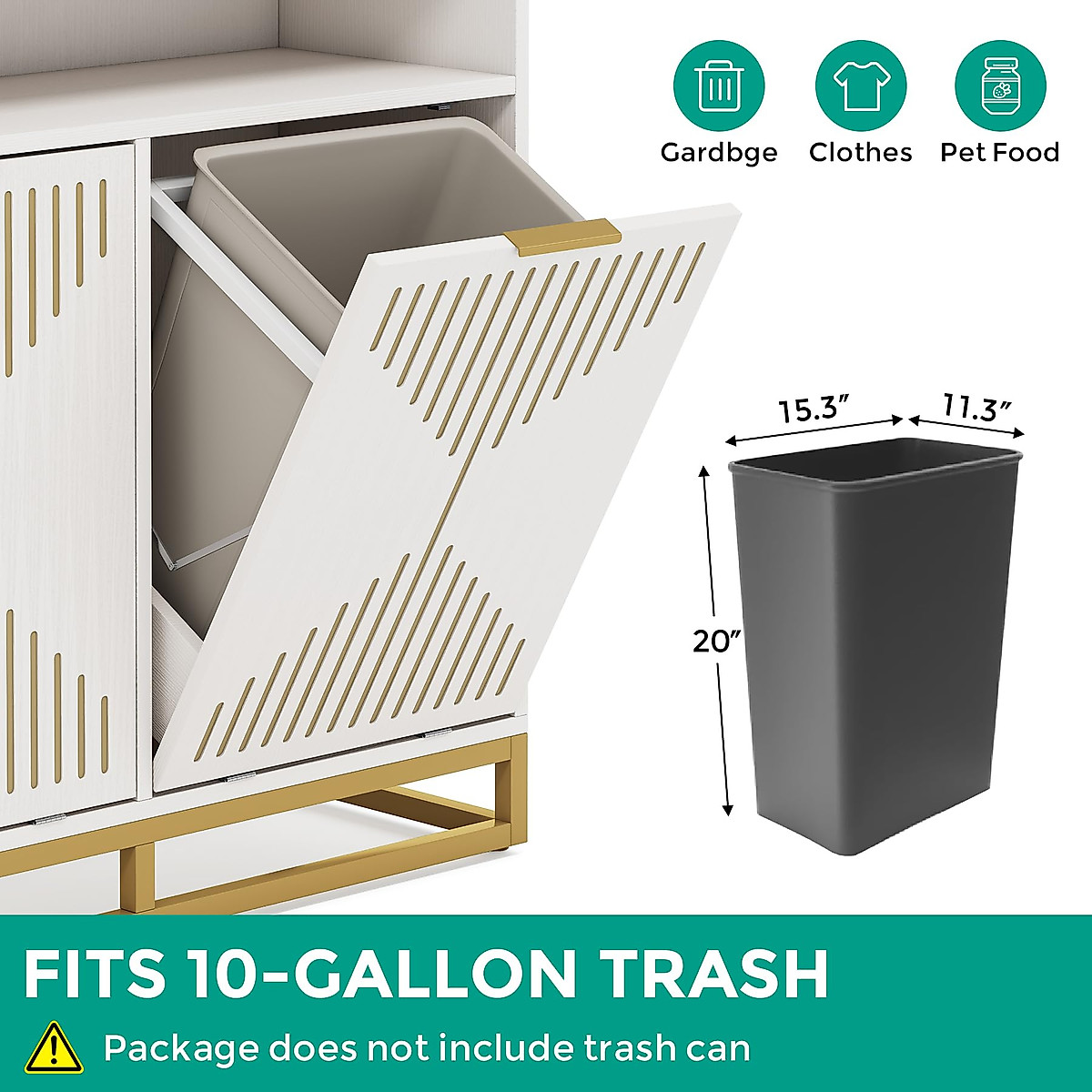 Condemo Double Tilt Out Trash Cabinet, Modern 20 Gallon Trash Bin Cabinets, Freestanding Recycling Cabinet, Storage Cabinet for Kitchen, Dining Room, Laundry, White and Gold (No Trash Can)