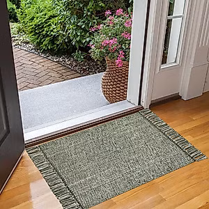 Collive Small Bathroom Rug, 2' x 3' Hand-Woven Low Profile Front Entryway Rug, Olive Green/Cream Cotton Reversible Washable Kitchen Mat Modern Farmhouse Carpet for Foyer Bedroom Back Door Decor