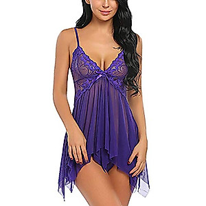 Aniywn Sexy Plus Size Lingerie Sets for Women V Neck Nightwear Lace Sleepwear Chemise Mini Teddy Lingerie Sleepwear Purple