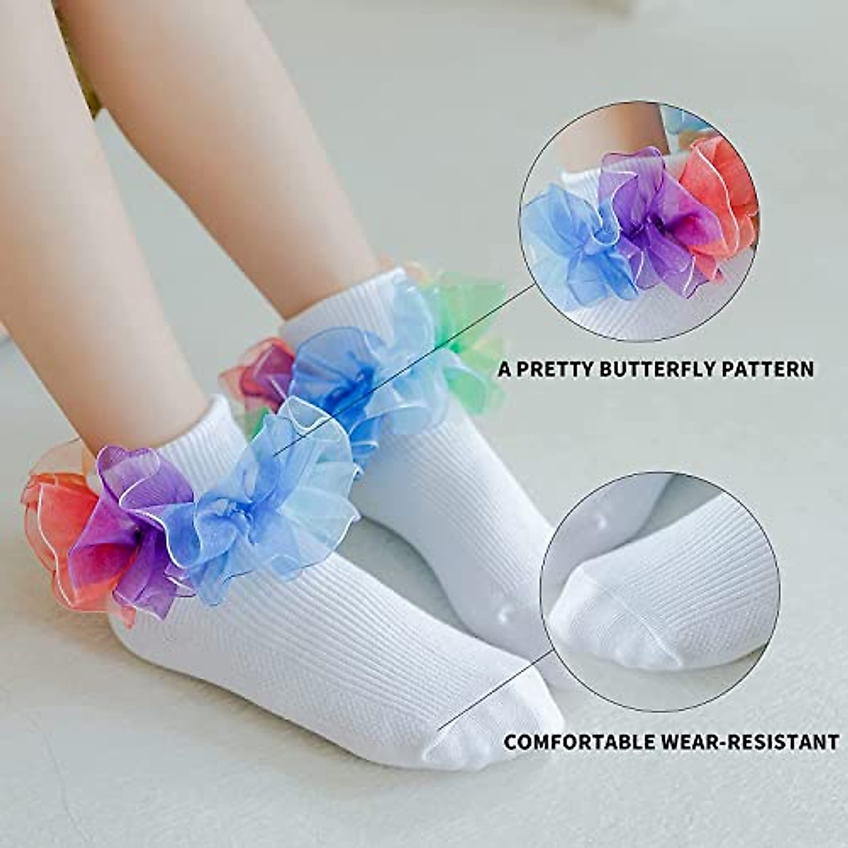 Hopply Baby Girls Ruffle Rainbow Socks Toddler Princess Ankle Lace Socks Infant Kids Big Double Lace Frilly Trim Dress Socks