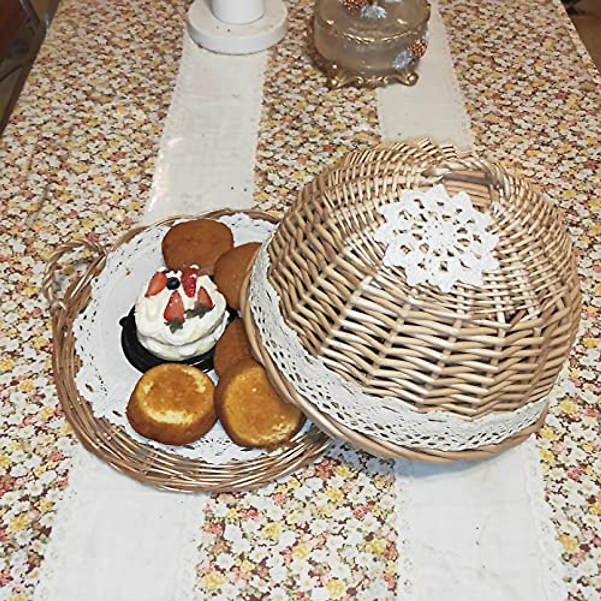 Coralpearl Rattan Wicker Woven Food Dome Lid Cover and Table Serving Tray Storage Plate Platter with Handles for Picnic Party Bread Cake Pizza Dry Fruit Dessert Indoor Outdoor (Brown)